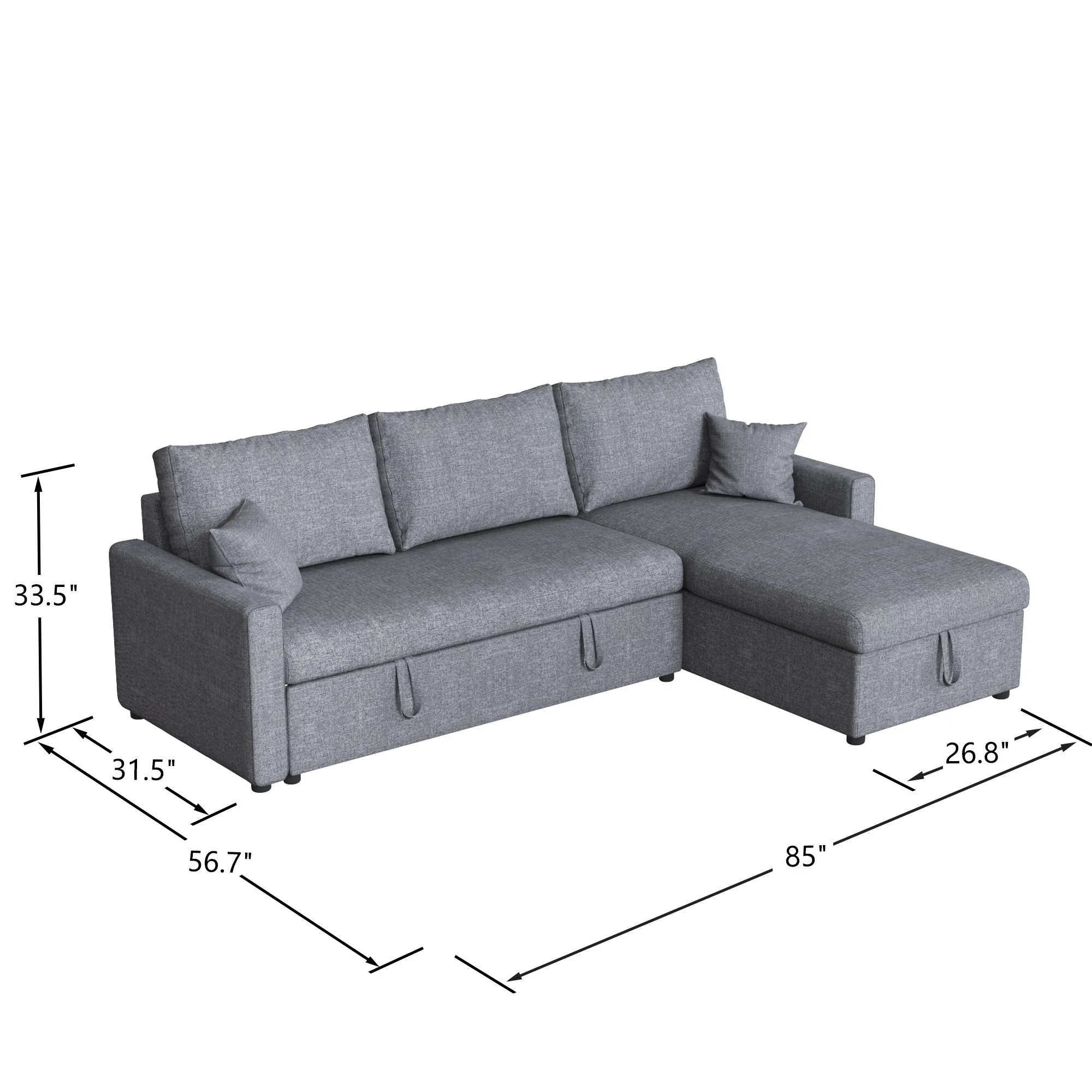 Soges 85" Pull Out Sofa Bed L Shape Sofa with Storage Chaise, Linen ...
